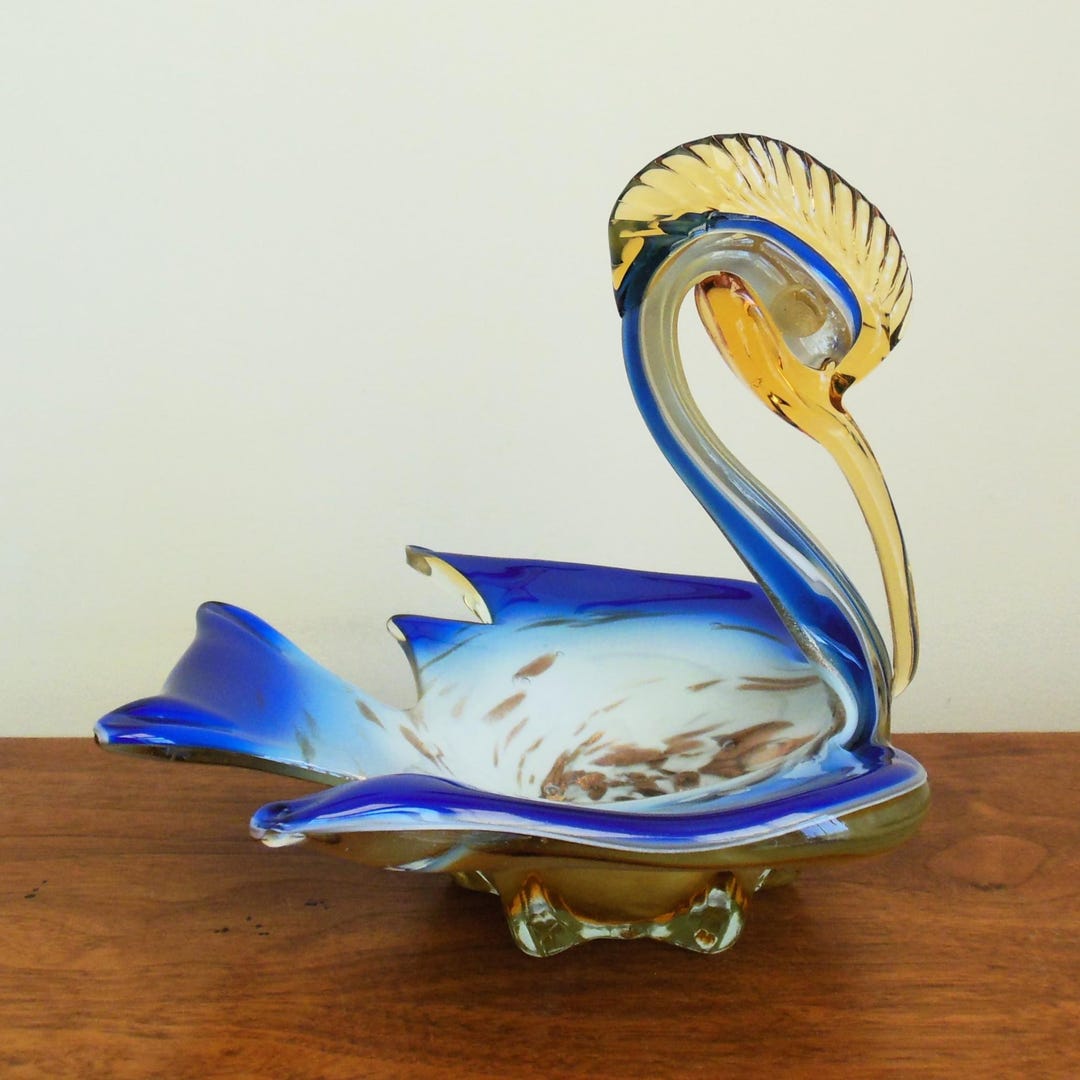 Art Glass Bird Bowl Murano Style Blown Glass Pelican or Heron, Blue ...