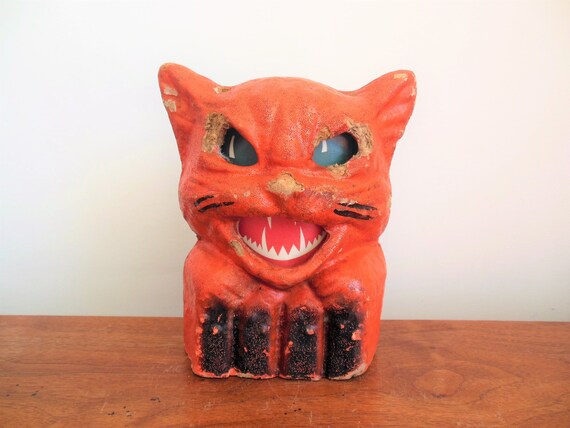 Halloween Paper Mache Cat on Fence Old Pulp Orange With Black - Etsy