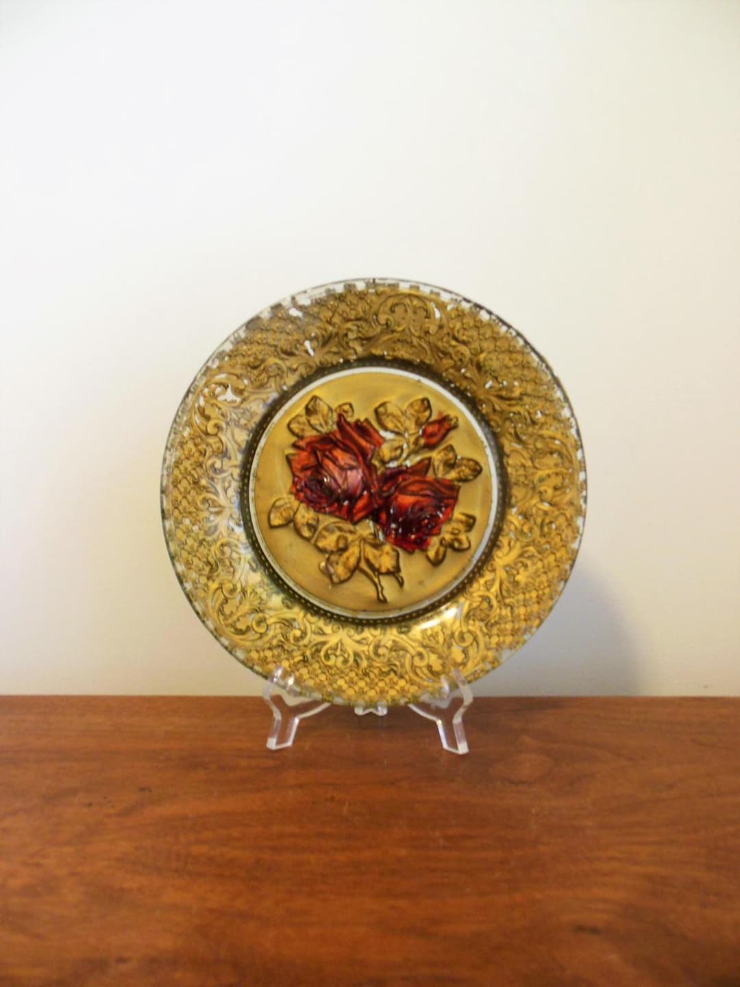 Goofus Glass Plate American Rose, Gold and Red Painted Flowers on ...