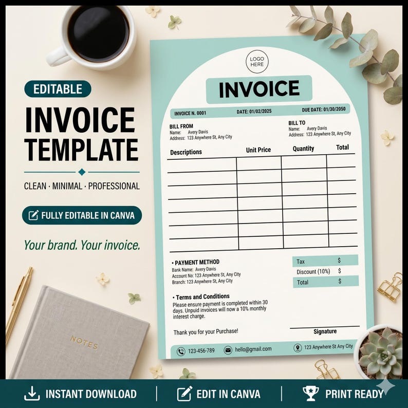 Editable Business Invoice Template | Professional Billing Form (canva ...