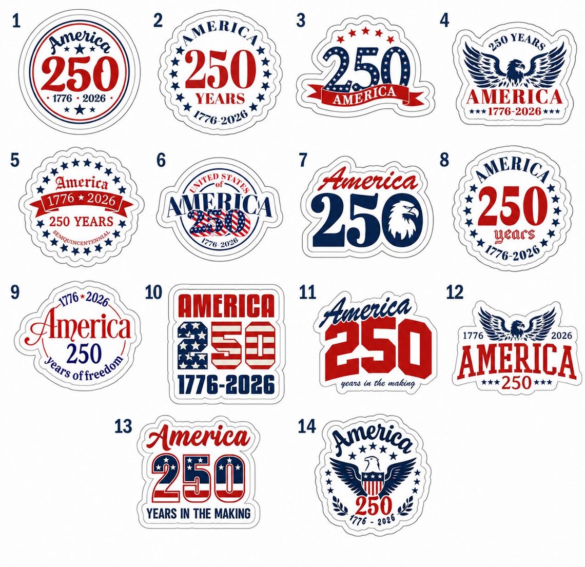 America 250th Anniversary Stickers | 3" Waterproof Vinyl Decals (14 ...