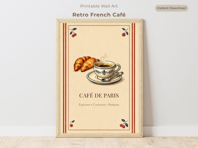 French Cafe Wall Art | Paris Kitchen Decor Print | Retro Croissant ...