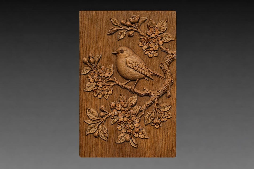Robin Cherry Blossom 3D Relief STL File, Spring Bird CNC Carving Model ...