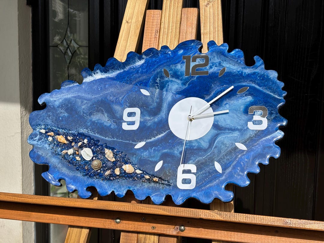 Large Epoxy Clock, Ocean Resin Art With Shells, Blue Coastal Decor ...