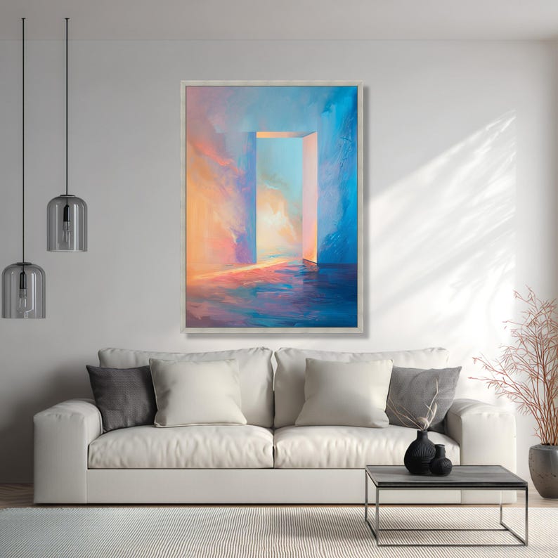Arte abstrata em tela com porta aberta, decoração de parede em tons ...