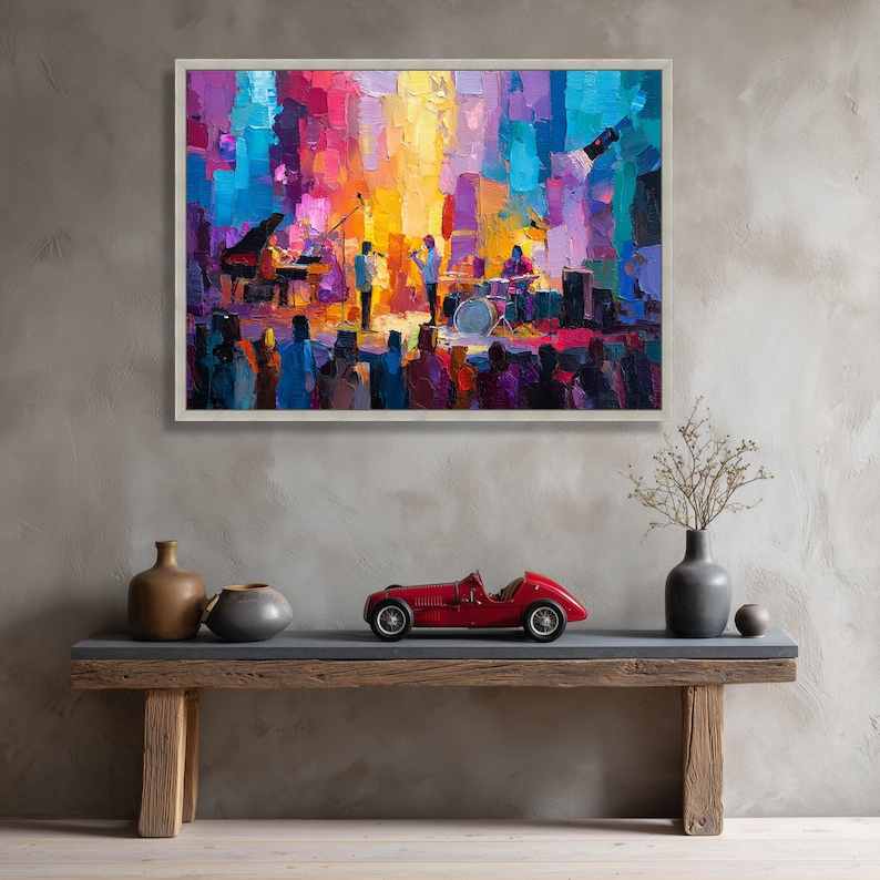 Vibrant Jazz Band Performance Canvas, Colorful Music Scene Wall Art ...
