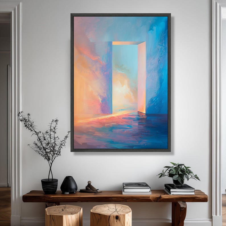 Arte abstrata em tela com porta aberta, decoração de parede em tons ...