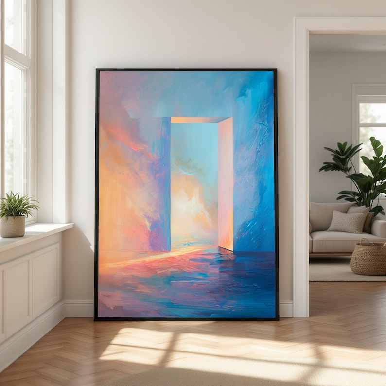 Arte abstrata em tela com porta aberta, decoração de parede em tons ...