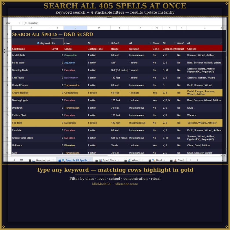 Dnd Spell List Google Sheets | Spells by Class and Level | 2014 + 2024 ...