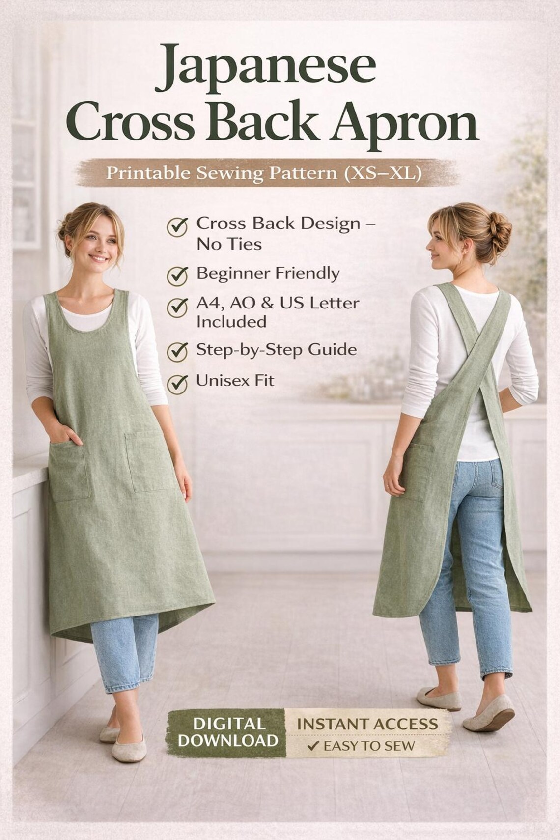 Japanese Cross Back Apron Sewing Pattern PDF - Apron Sewing Patterns ...