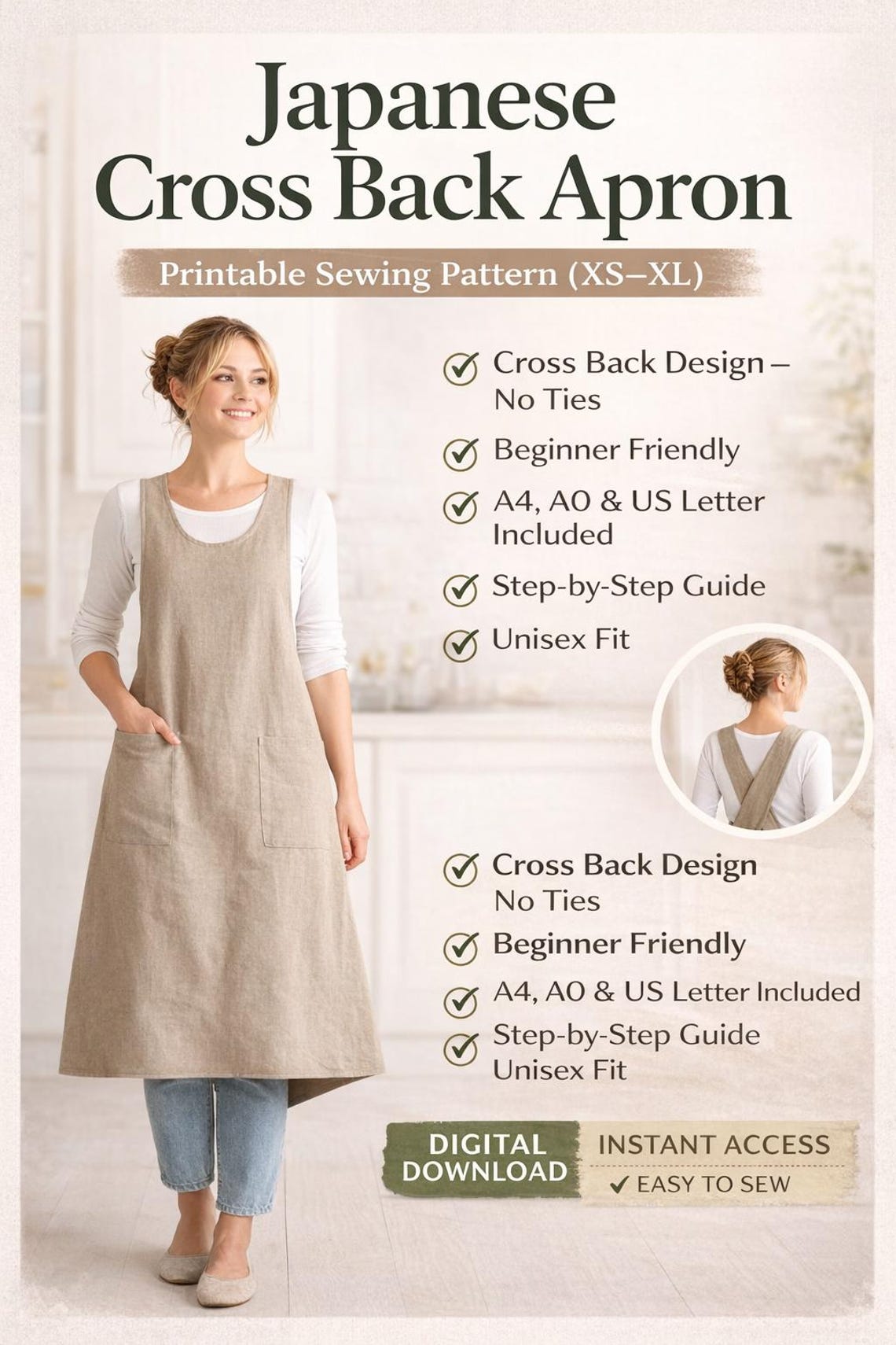 Japanese Cross Back Apron Sewing Pattern PDF - Apron Sewing Patterns ...