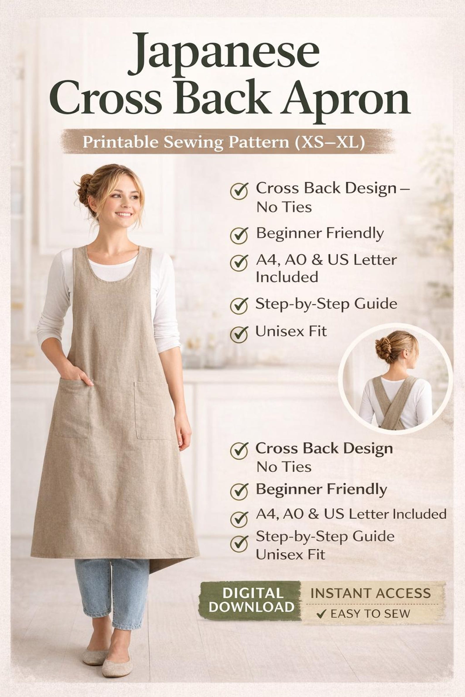 Japanese Cross Back Apron Sewing Pattern PDF - Apron Sewing Patterns ...