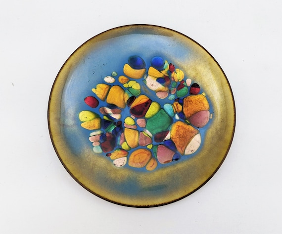 Signed KAREKA Mid Century Vintage Enamel Copper Round Blue & | Etsy