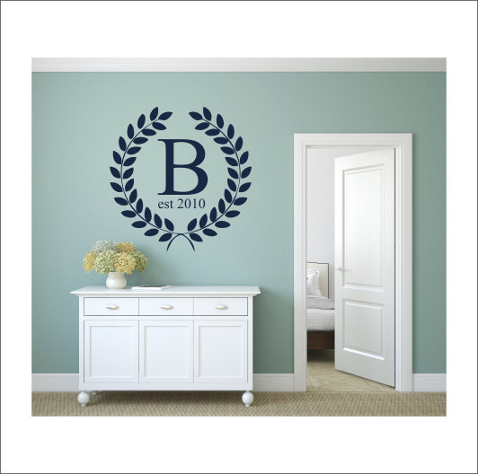 Laurel Wreath Monogram Vinyl Wall Decal Vinyl Decal Housewares | Etsy
