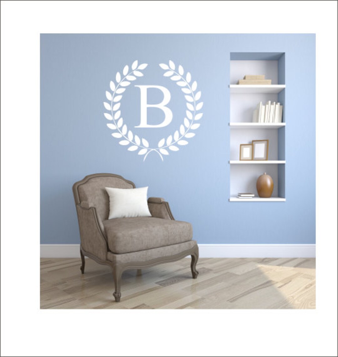 Monogram Vinyl Decal Monogram Wall Decal Wreath Initial Laurel Wreath ...