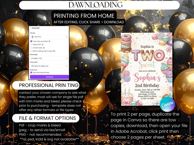 Pink Two Sweet Birthday Invitation Canva | Personalized Girl 2nd ...