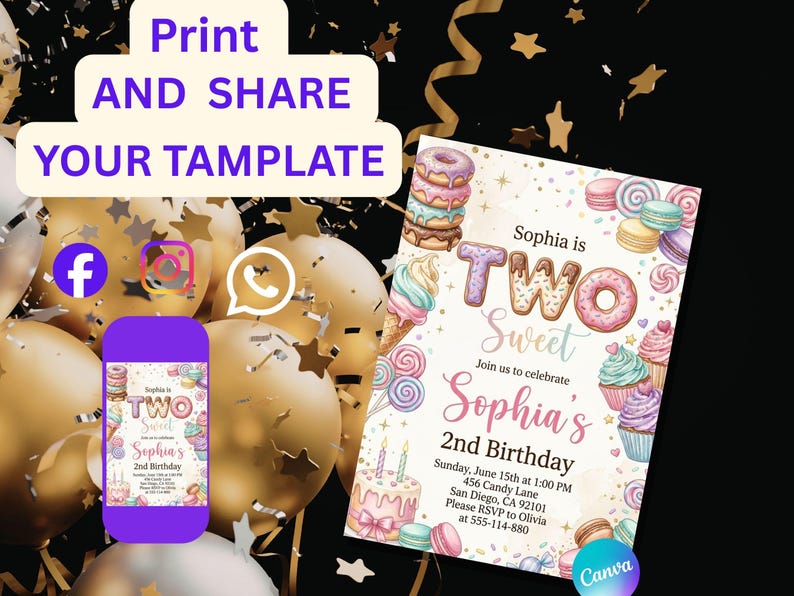 Pink Two Sweet Birthday Invitation Canva | Personalized Girl 2nd ...