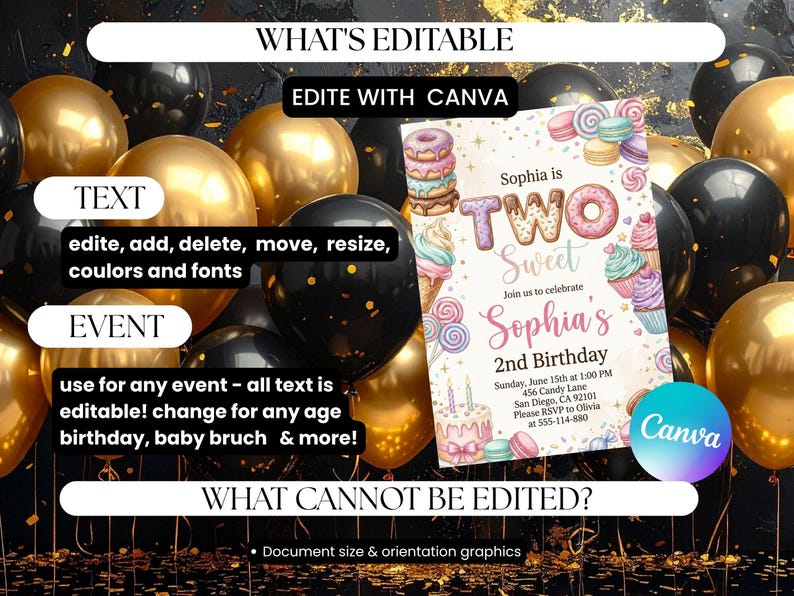 Pink Two Sweet Birthday Invitation Canva | Personalized Girl 2nd ...