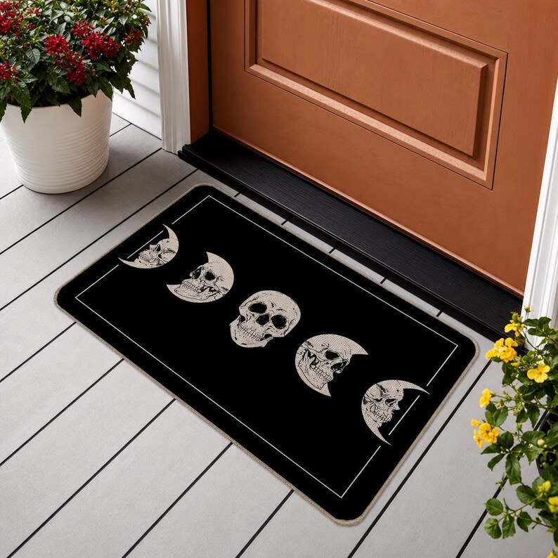 Skull Moon Phase Doormat: Gothic Dark Witch Welcome Mat Halloween Door ...