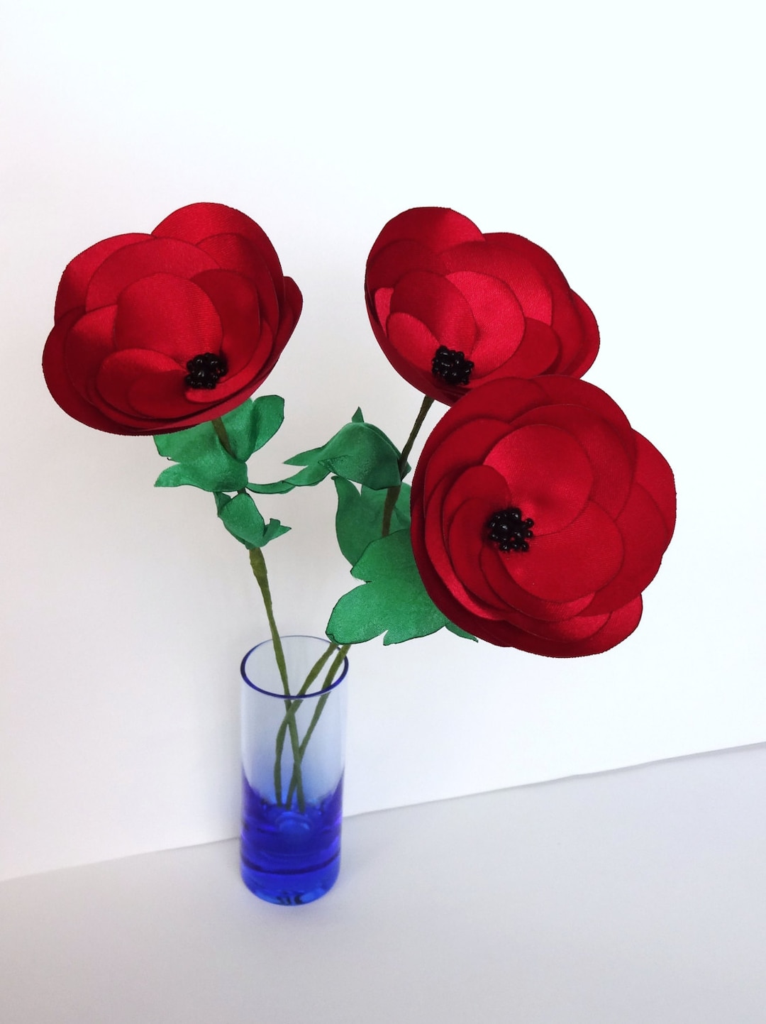 Handmade 3 Red Satin Fabric Poppies on Stems, Bouquet, Silk Floral ...