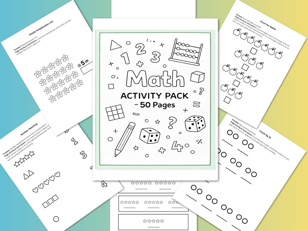 Kids Math Activity Pack PDF — 50 Printable Counting & Shapes Worksheets ...
