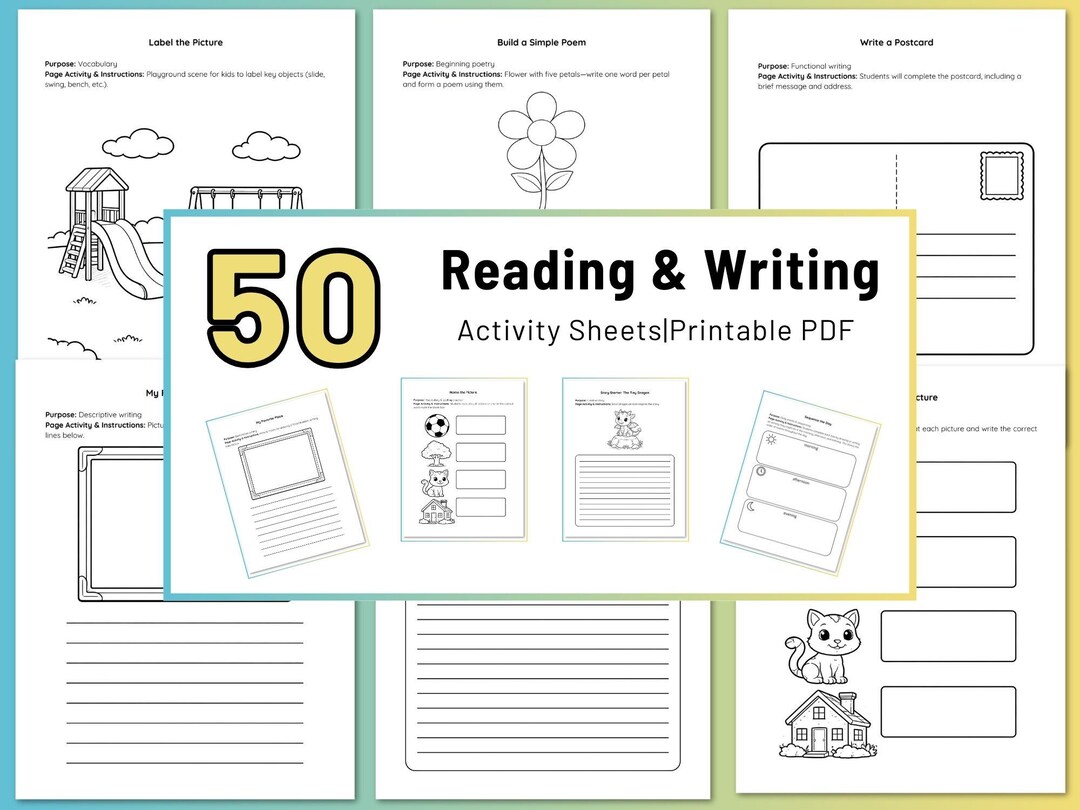 Kids Reading & Writing Pack PDF — 50 Printable Literacy Worksheets - Etsy