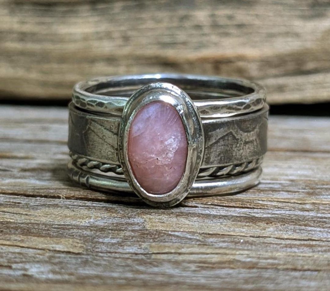 Argentium Silver Ring Set, Pink Opal Ring, Silver Stackable Ring Set ...