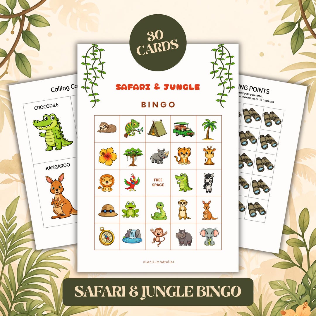 Safari Jungle Bingo Game for Kids Birthday, Printable Set, Animal Party ...