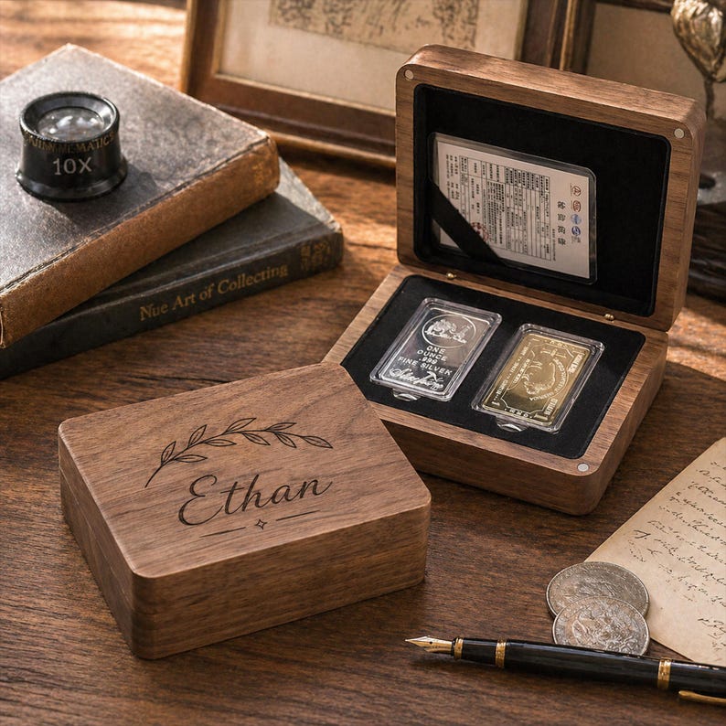 Personalized Wooden Coin & Bar Box, Custom Walnut Storage Case for ...