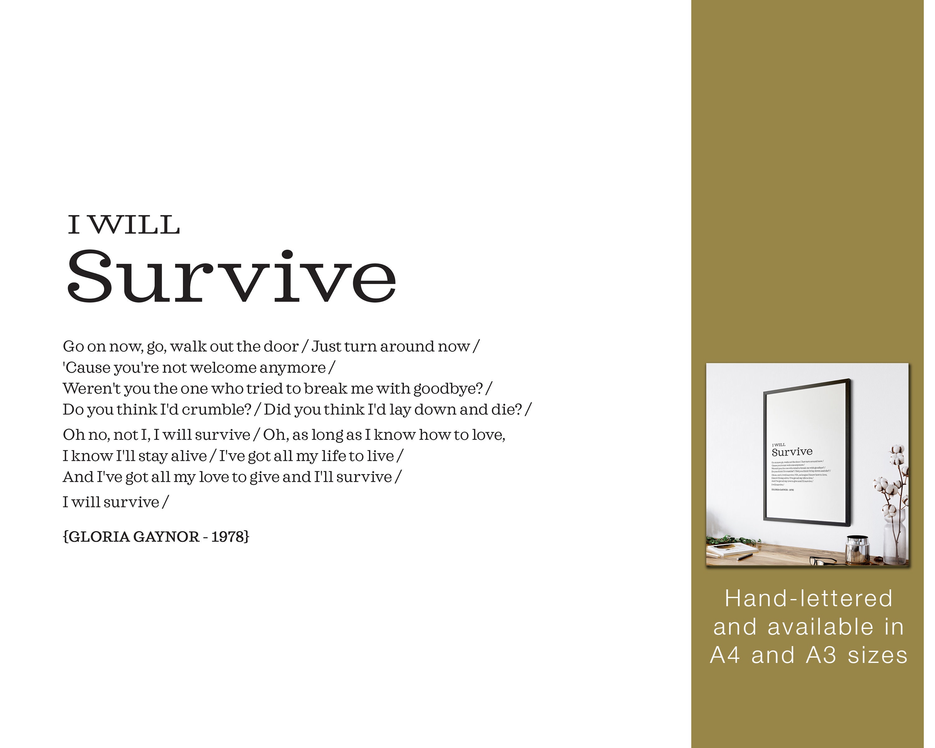 I Will Survive Music Lyrics Art Print Girl Power Anthem Gloria Gaynor ...