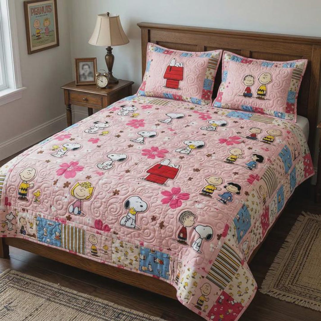 Sweet Pink Peanuts Charlie Brown Snoopy Patchwork Quilt Set Cozy Floral ...
