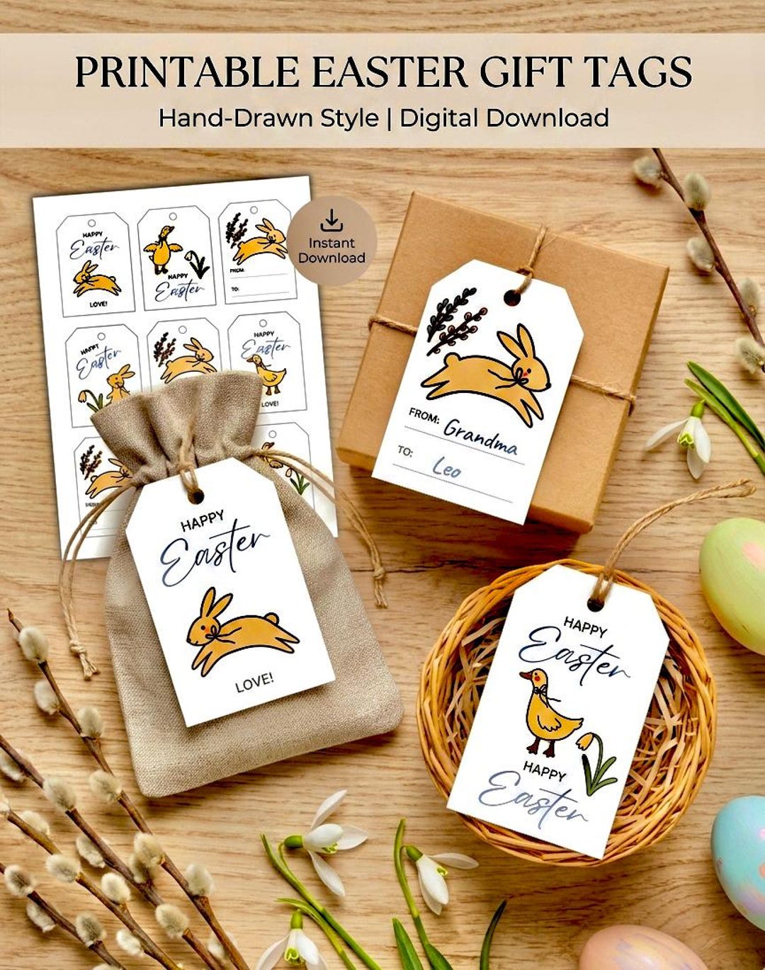 Printable Easter Gift Tags, Hand-drawn Bunny Duck Designs (digital ...