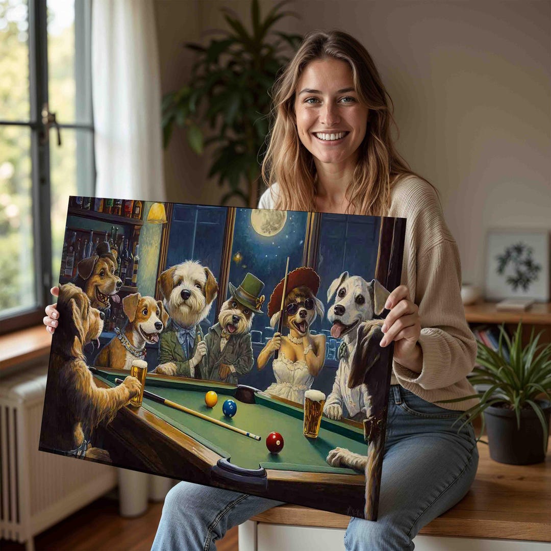 Dogs Playing Pool Print,wall Art,billiards Room Decor,playing Pool ...