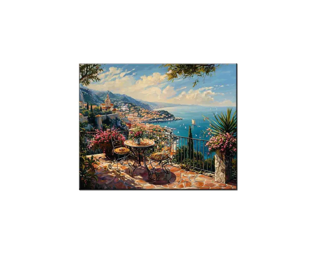 Mediterranean City and Sea View Oil Painting Printed on Canvas ...