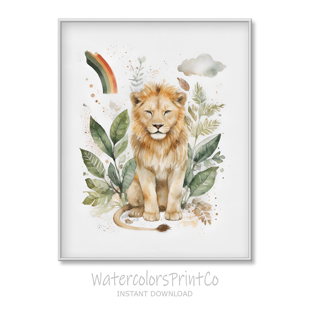 Printable Lion Cub Decor - Cute Watercolor Painting With Botanical ...