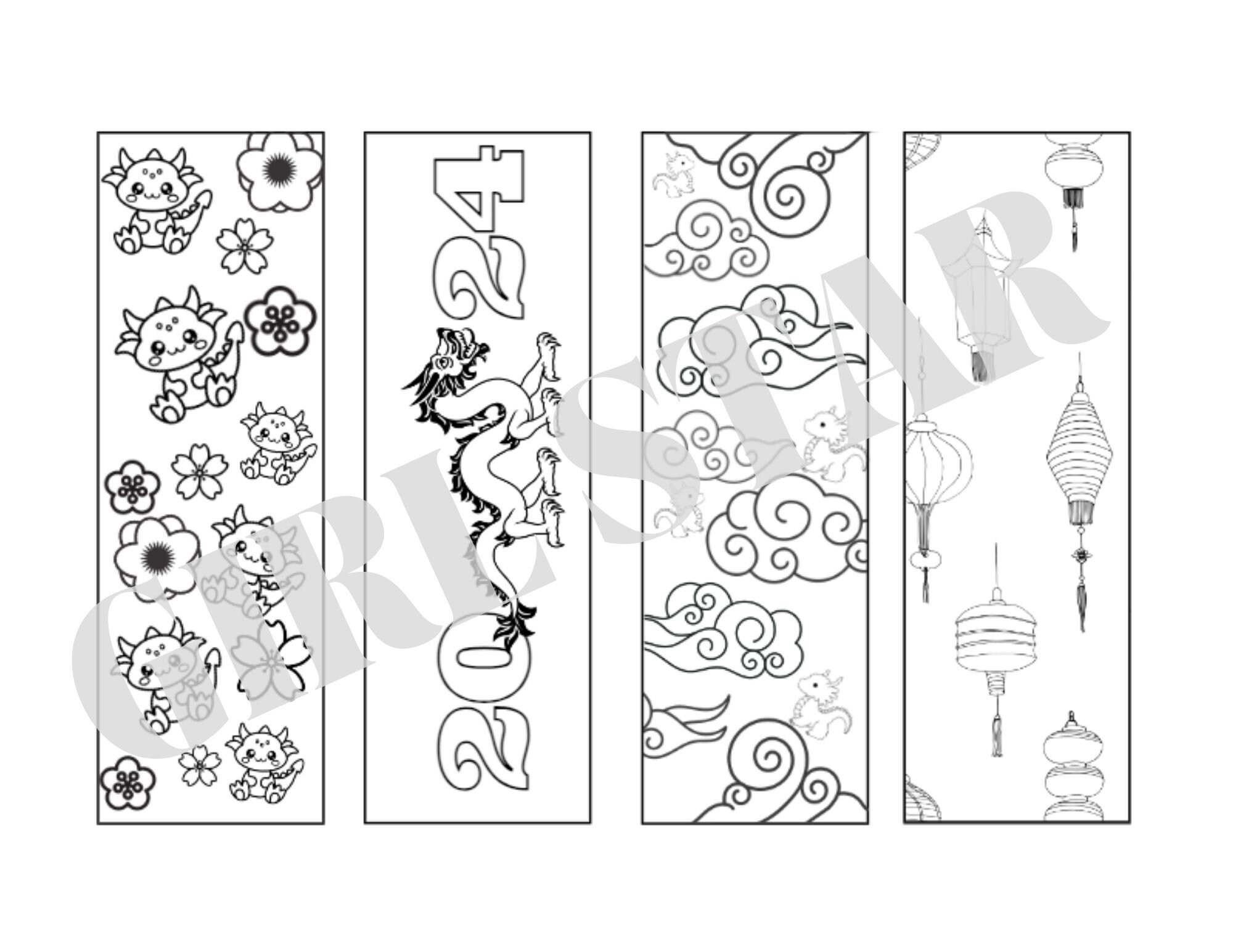 Lunar New Year Coloring Bookmarks Year of the Dragon Chinese New Year ...