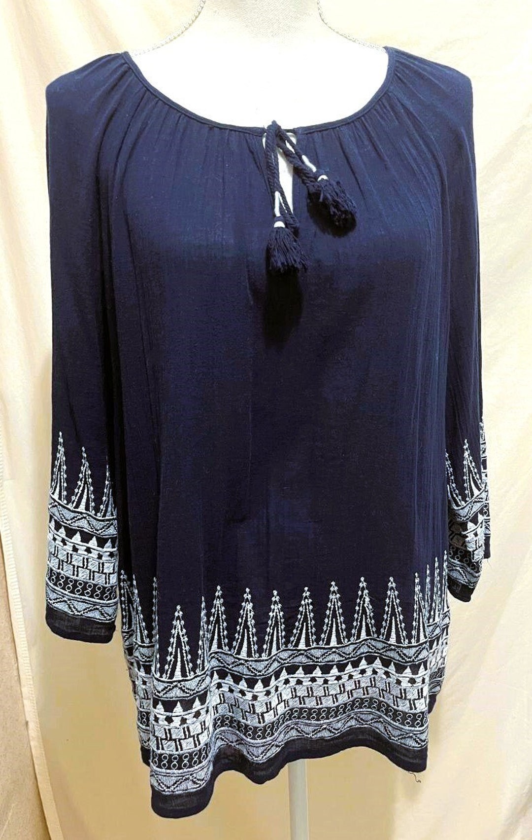Merona Peasant Top ~ Navy Blue ~ White Embroidery ~ Size Medium ~ Boho ...