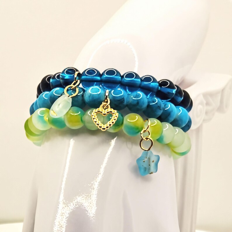 Ocean Blue Beaded Bracelet Stack, Triple Stretch Set, Gold Tone Heart ...