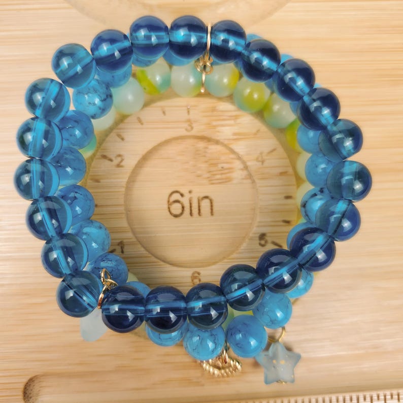 Ocean Blue Beaded Bracelet Stack, Triple Stretch Set, Gold Tone Heart ...