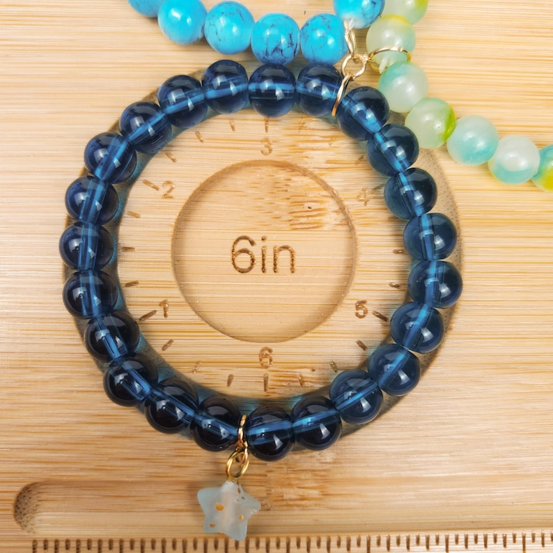 Ocean Blue Beaded Bracelet Stack, Triple Stretch Set, Gold Tone Heart ...