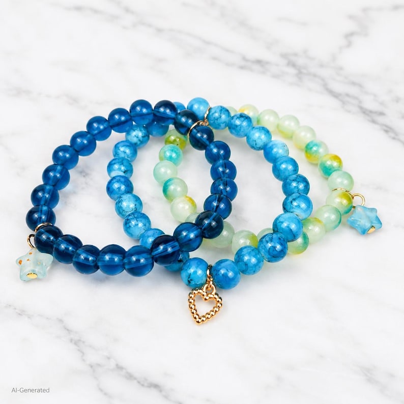 Ocean Blue Beaded Bracelet Stack, Triple Stretch Set, Gold Tone Heart ...