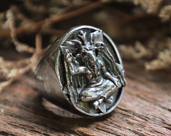 Baphomet Pentagram Caduceus Ring for Unisex Made of Sterling Silver 925 ...