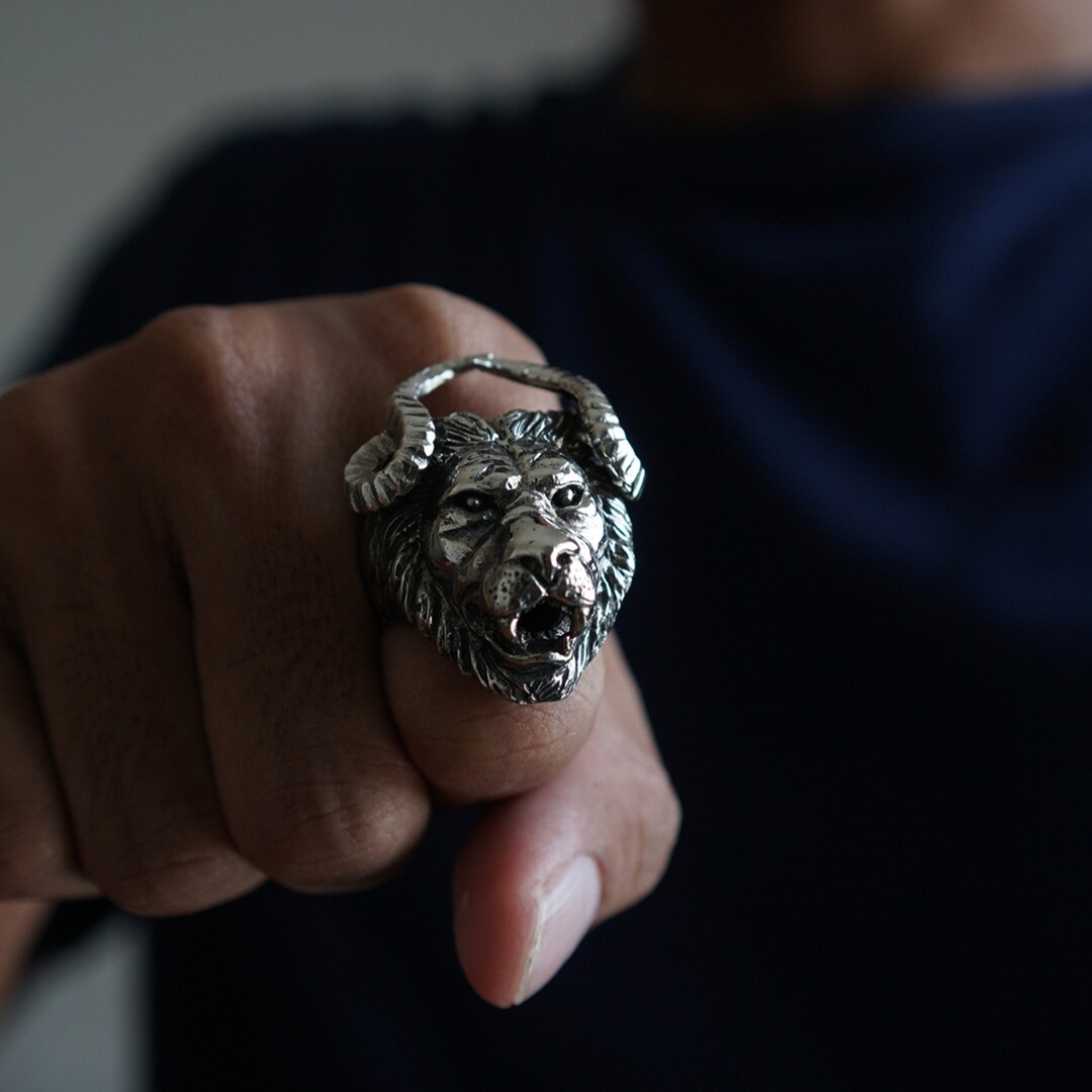 Lion Horned Goat Ring for Men Made of Sterling Silver 925 Satan Style ...