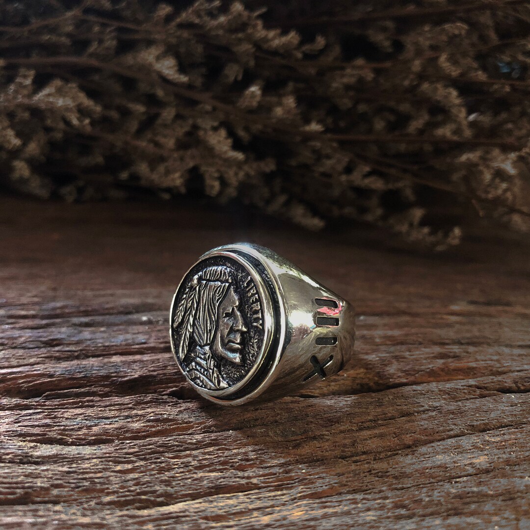 Hobo Nickel Brave Ring for Men Made of Sterling Silver 925 Biker Style ...