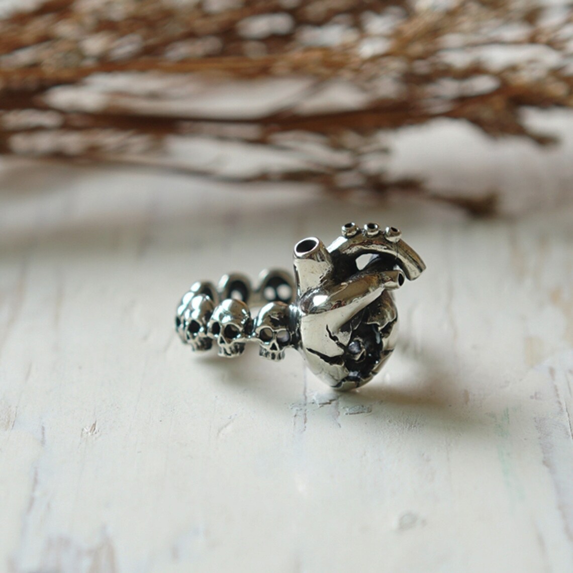 Human Heart and Skull Ring for Unisex Made of Sterling Silver - Etsy