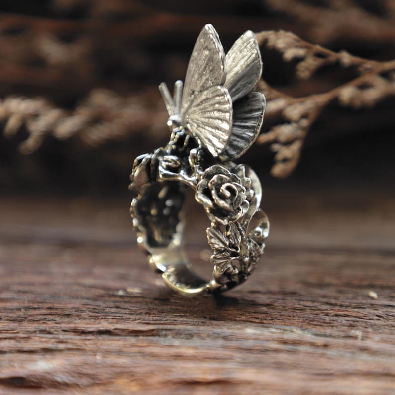 Butterfly and Flowers Ring for Unisex Made of Sterling Silver 925 Boho ...
