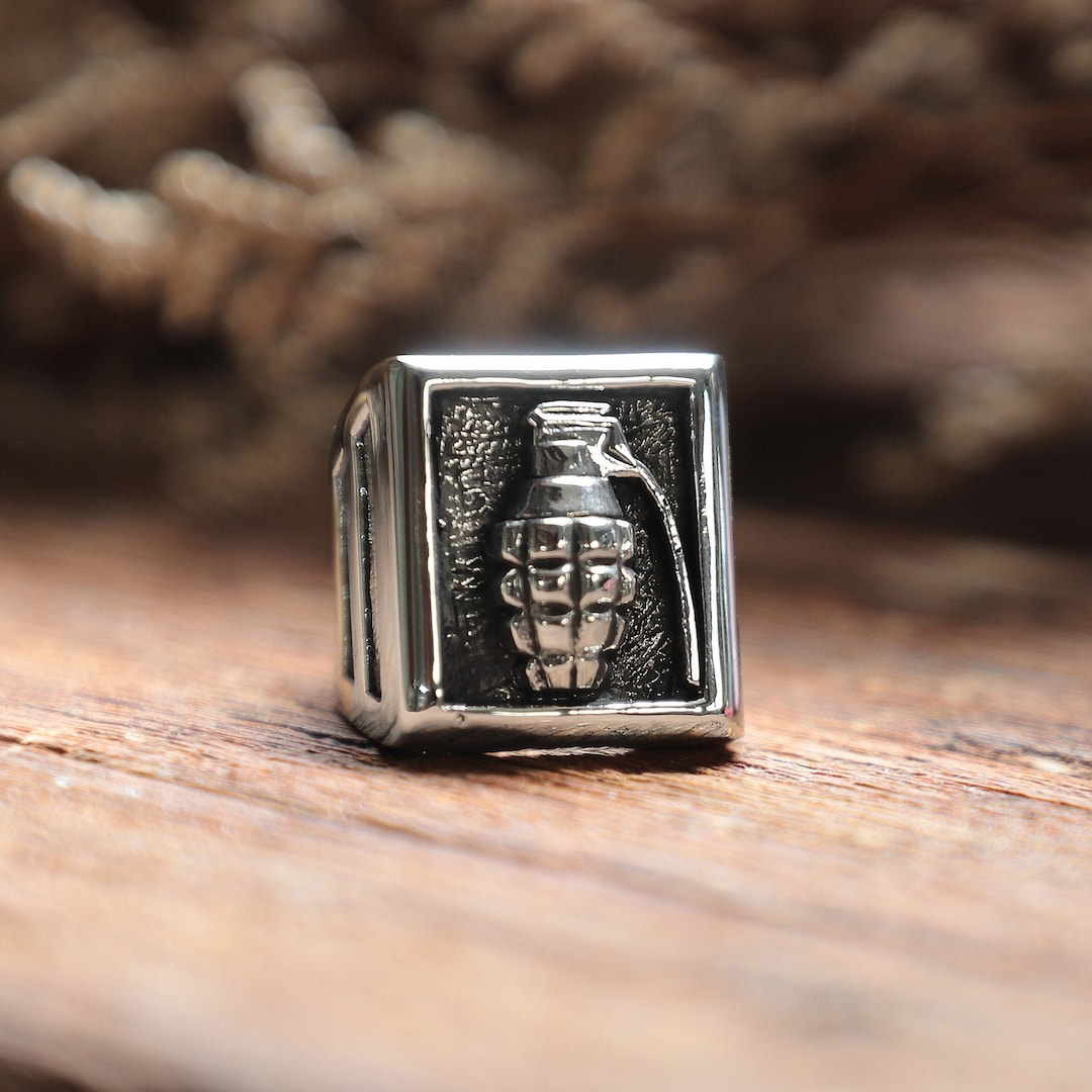 Hand Grenade Square Ring for Men Made of Sterling Silver 925 Military ...