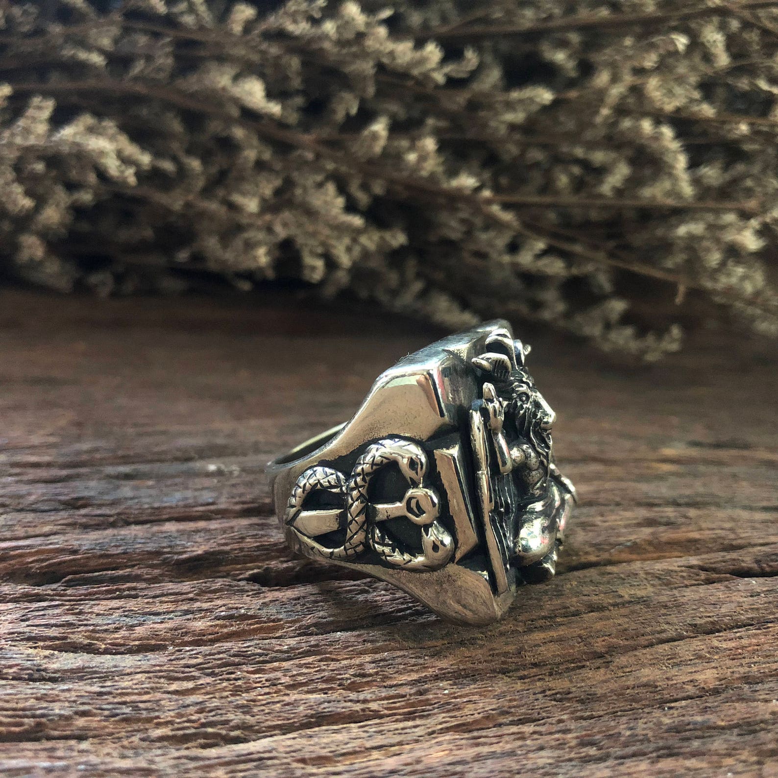 Baphomet Pentagram Caduceus Ring for Unisex Made of Sterling - Etsy