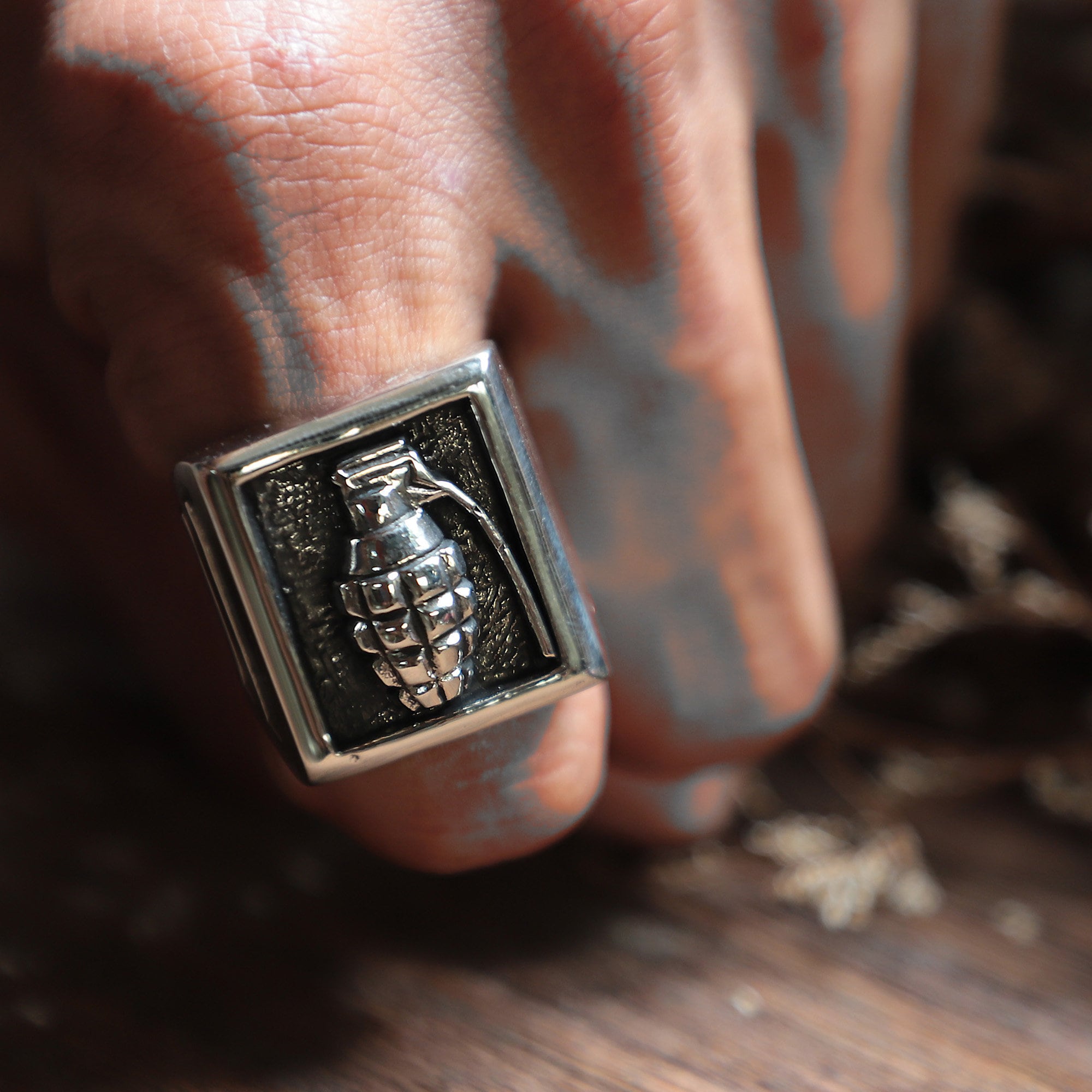 Hand Grenade Square Ring for Men Made of Sterling Silver 925 | Etsy