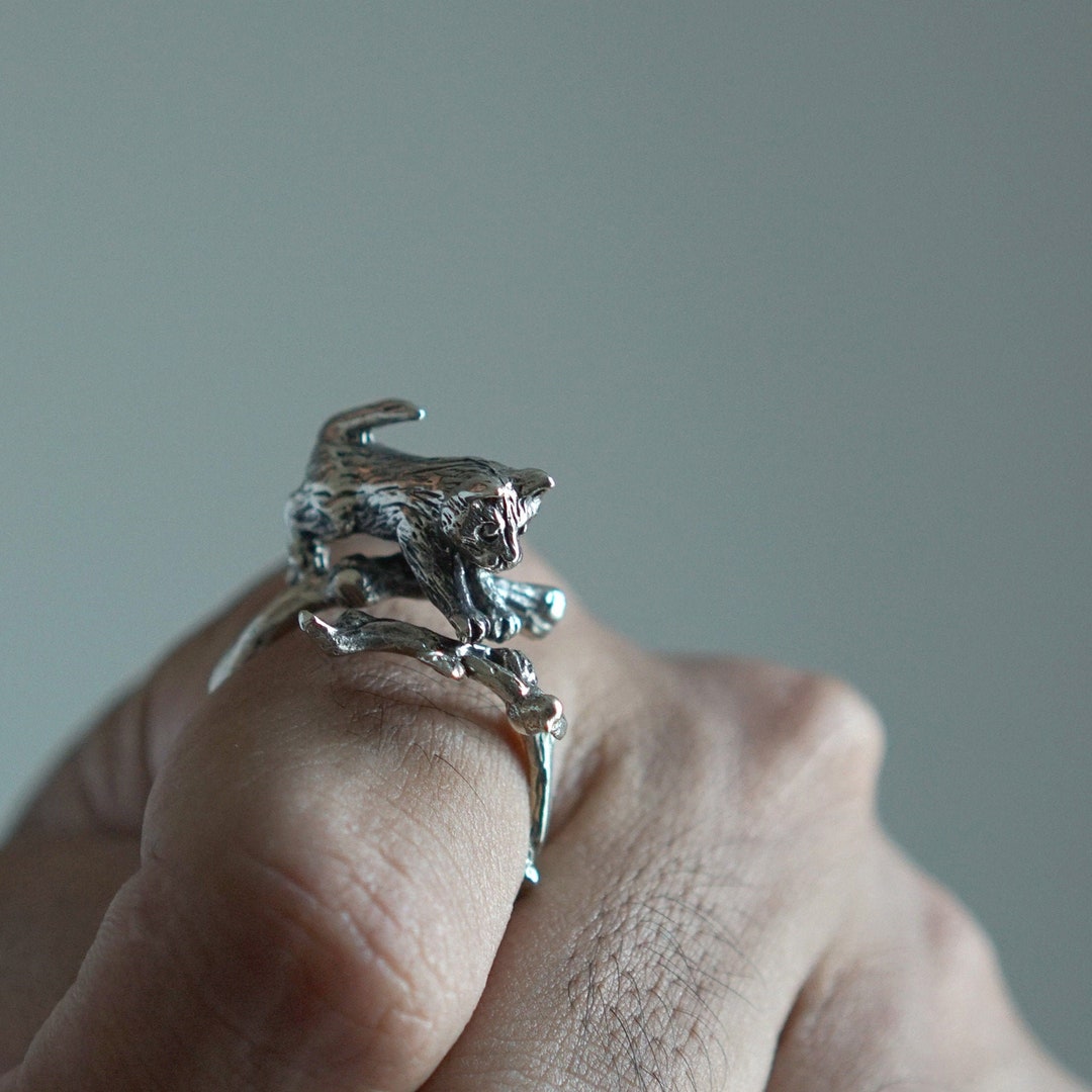 Cat Climbing a Tree Ring for Unisex Made of Sterling Silver 925 Cute ...